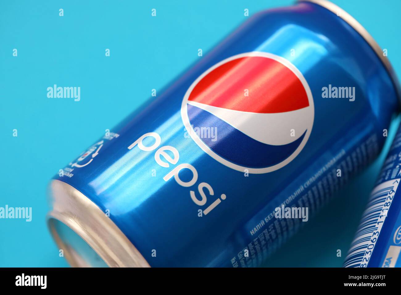 TERNOPIL, UKRAINE - MAY 28, 2022: Cold Pepsi drink cans. Pepsi is a ...