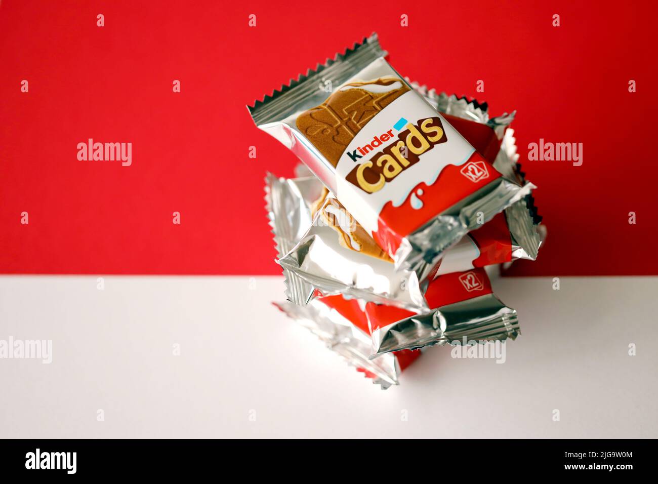 TERNOPIL, UKRAINE - JUNY 3, 2022: Kinder Chocolate Cards product pack ...