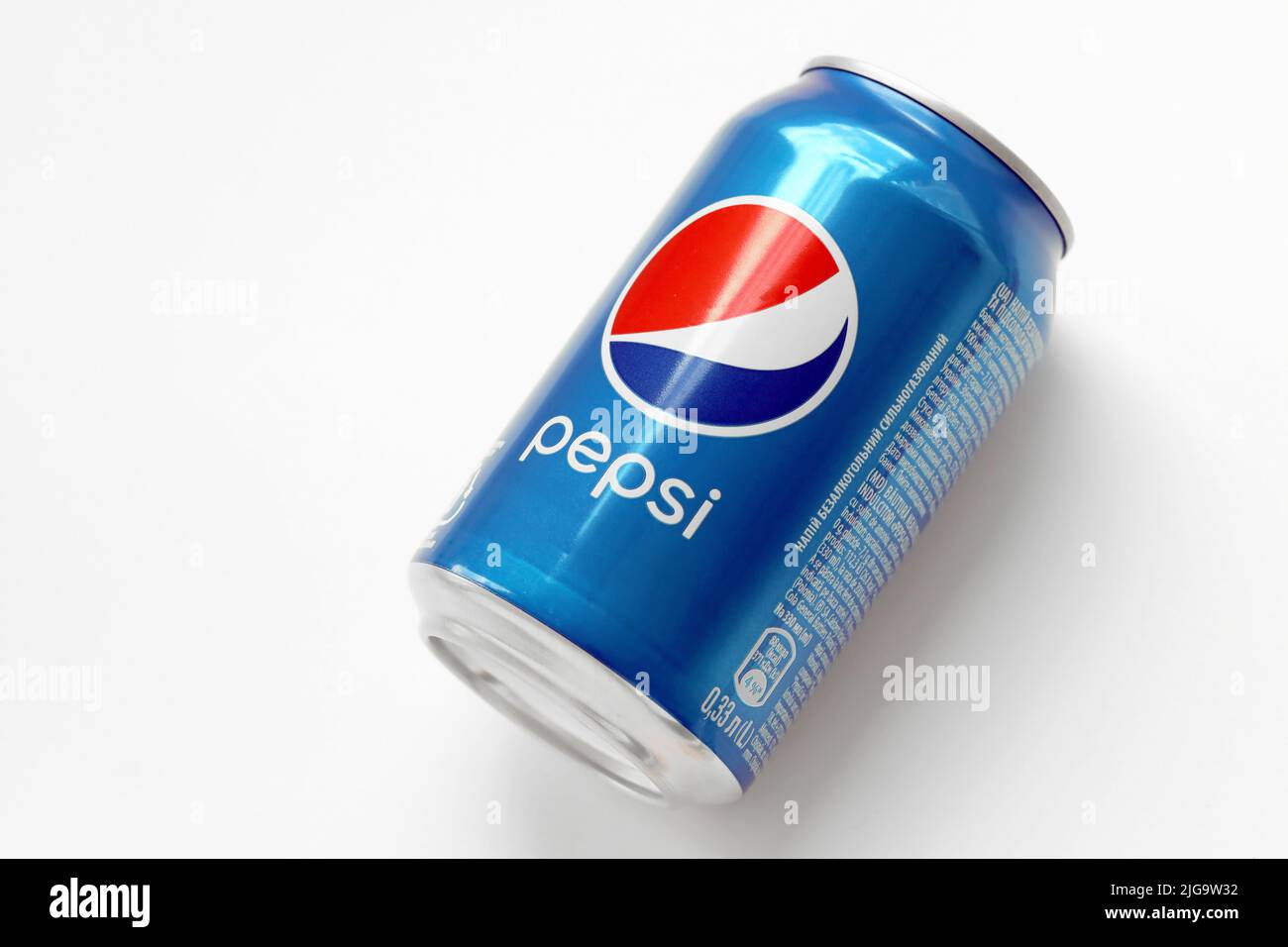 TERNOPIL, UKRAINE - MAY 28, 2022: Cold Pepsi drink can om white ...