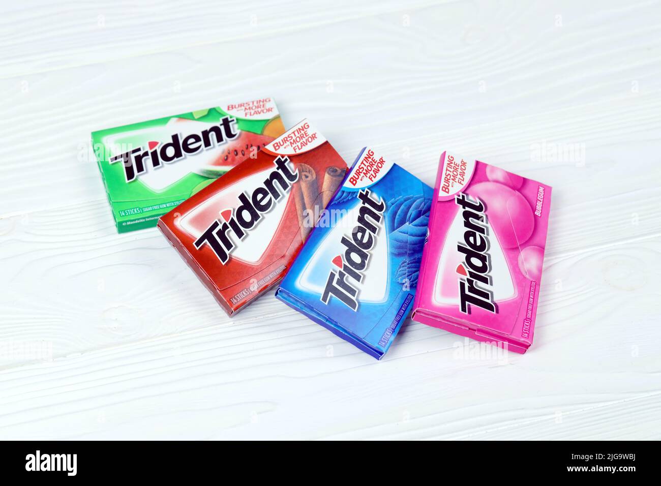 KHARKIV, UKRAINE - MARCH 15, 2021: Packs of Trident chewing gums ...