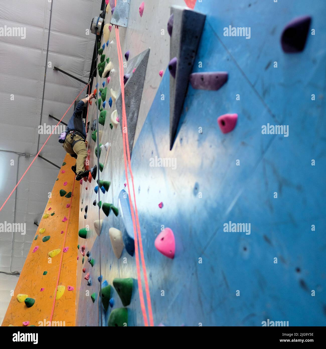 Young man climbing on an Indoor rock climbing wall seen from below ...