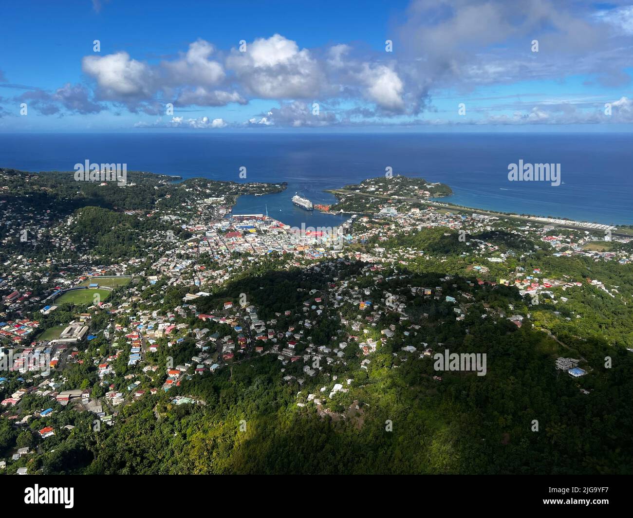An aerial view of the whole city and sea of Castries, St. Lucia Stock ...