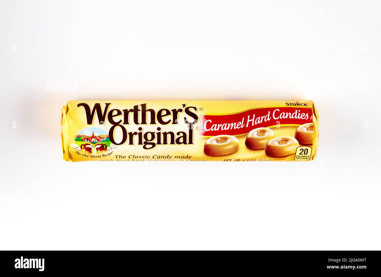 Werthers Original classic caramel hard candy on white isolated ...