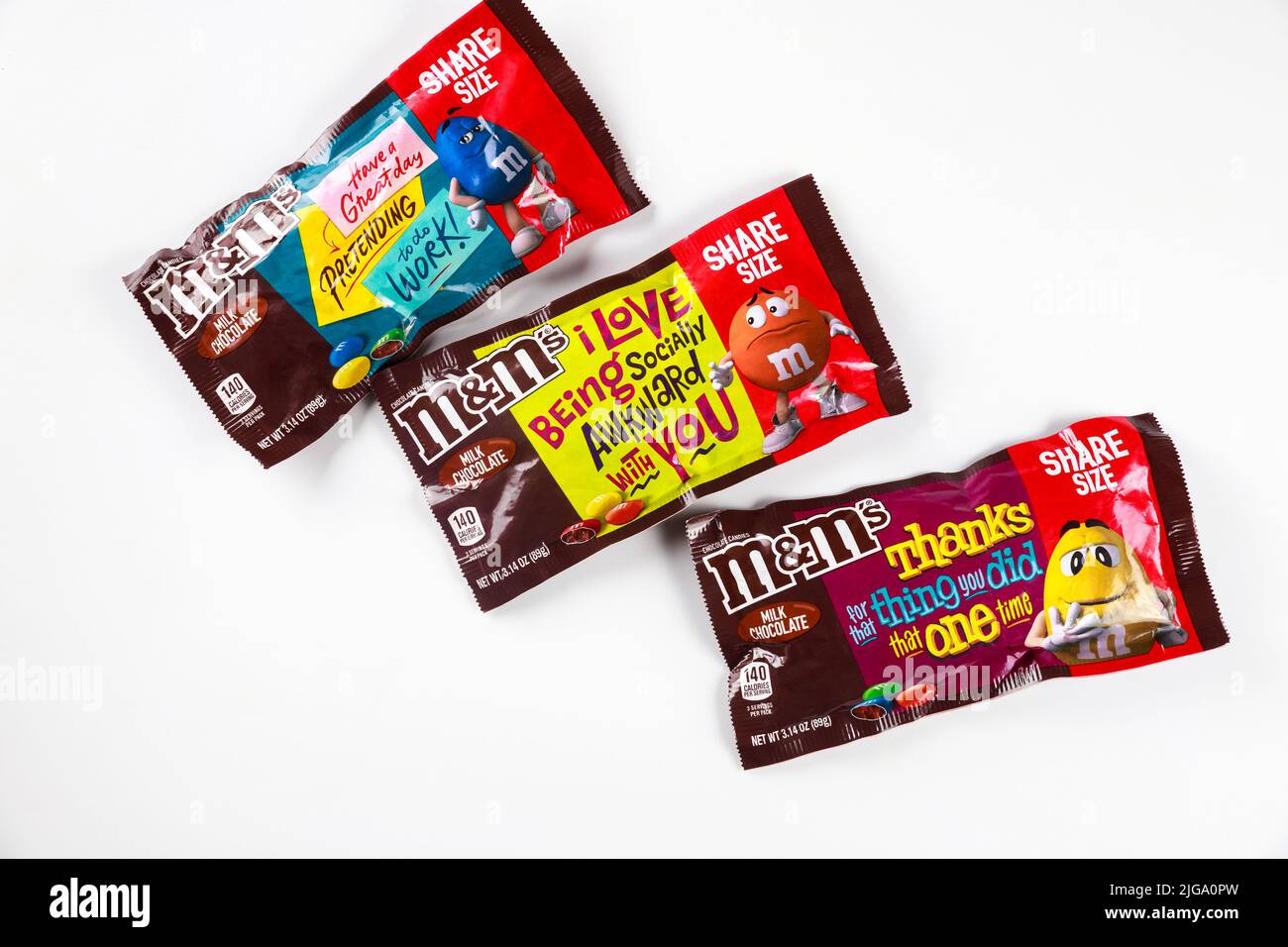 Variety of MMs colorful milk chocolate candy with message on package ...