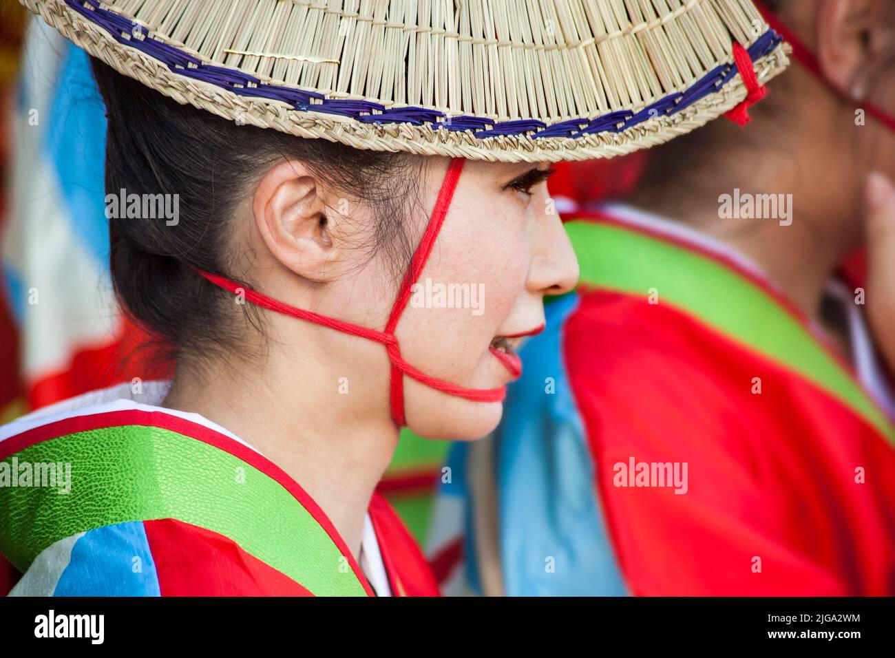 Awa Odori dancer with straw hat, Amigasa, at Yosakoi Matsuri in ...