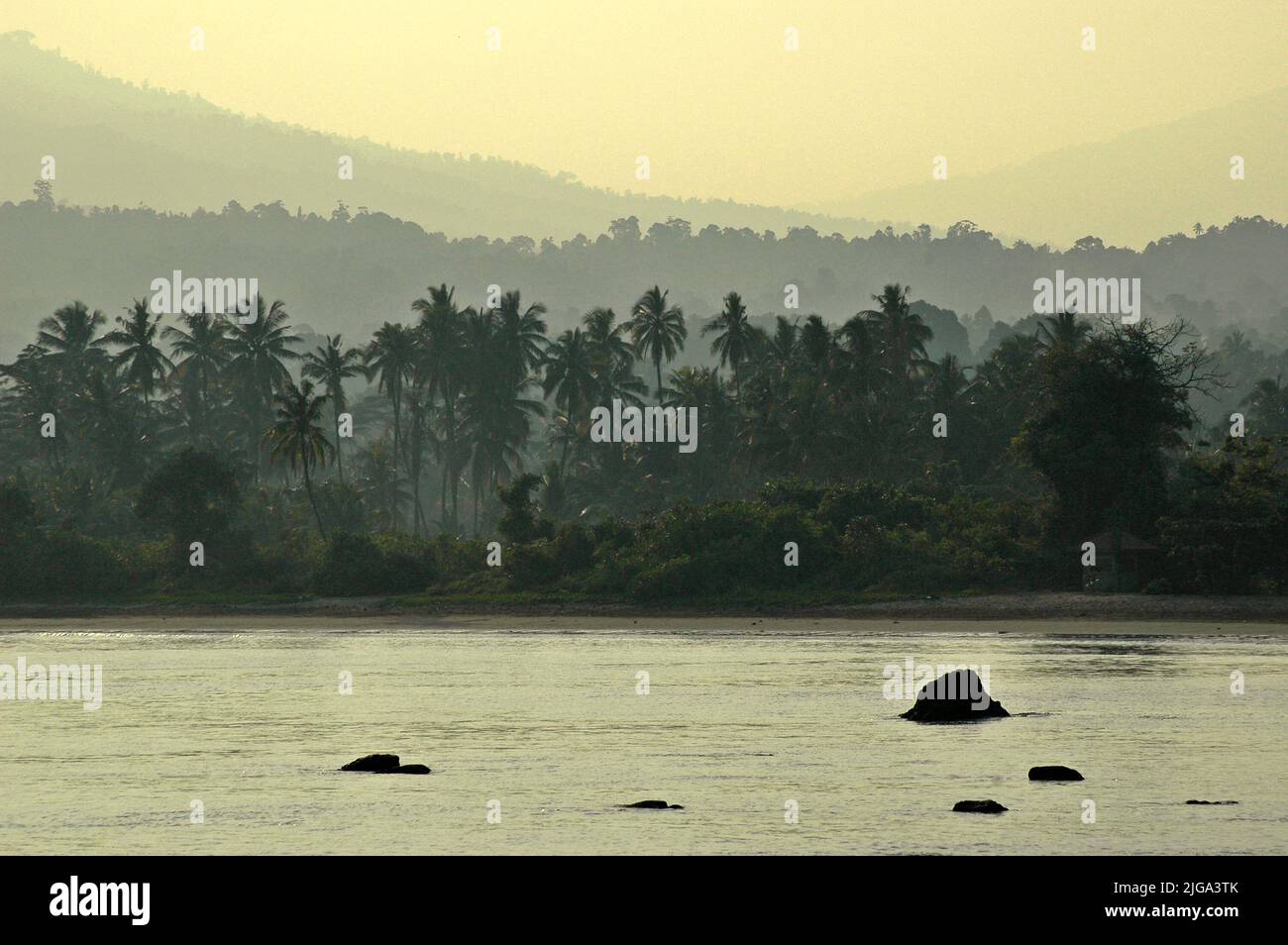 Coastal water in a background of beach, coconut trees and hills in ...