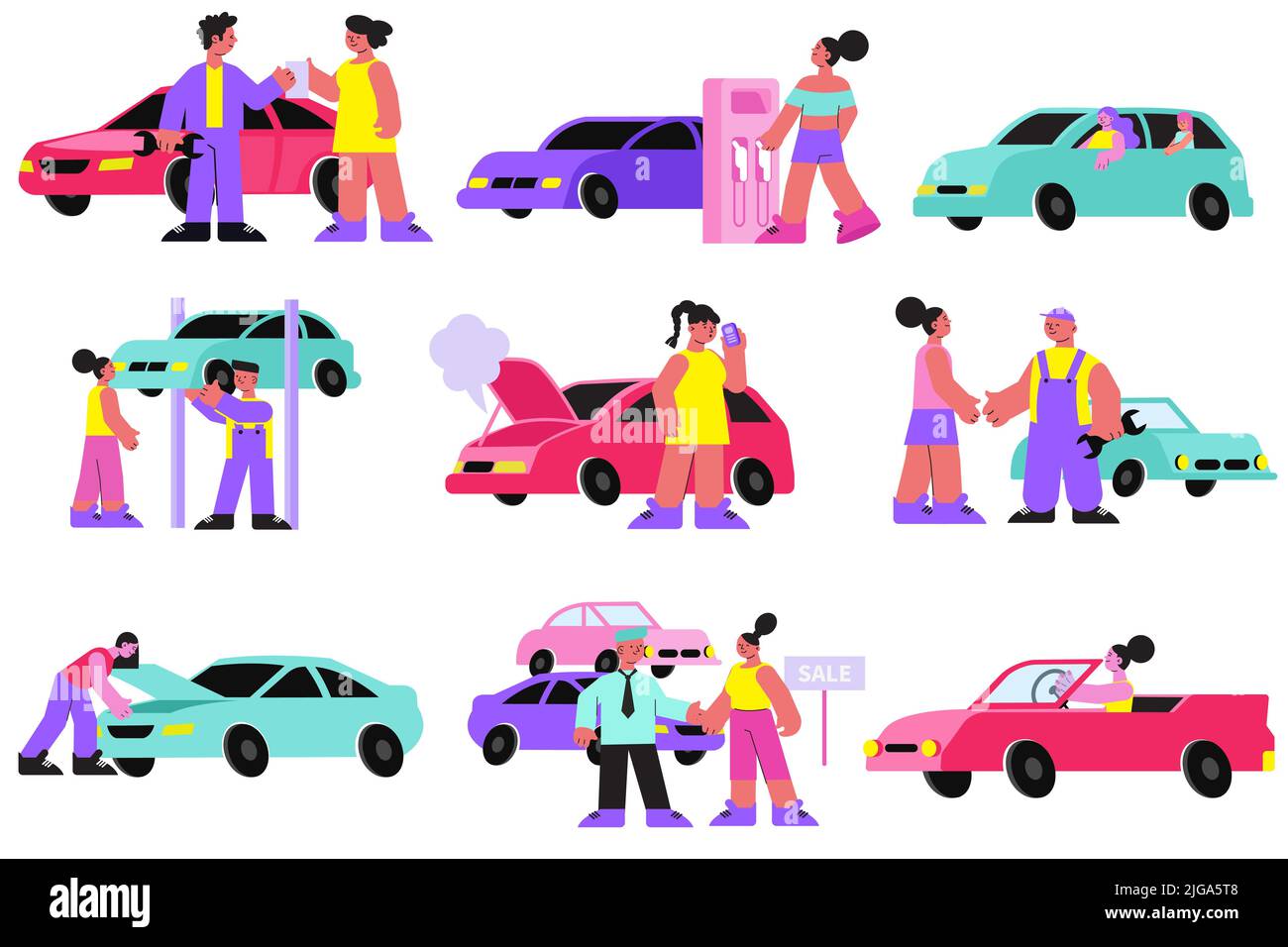 Woman car set with problems on road symbols flat isolated vector ...