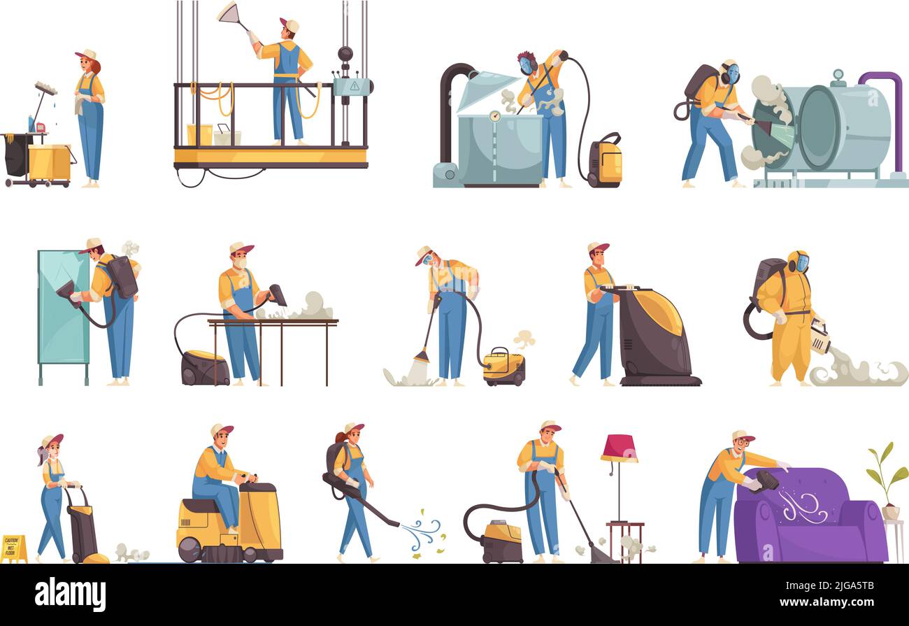 Cleaning set of isolated human characters of cleaners and icons of ...