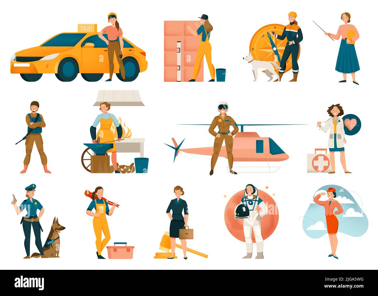 Collection female worker characters of various occupations or ...