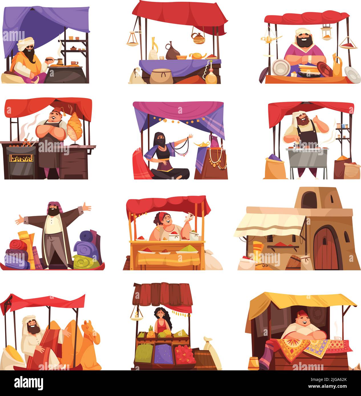 Asian market cartoon set of eastern people selling outdoor souvenirs ...