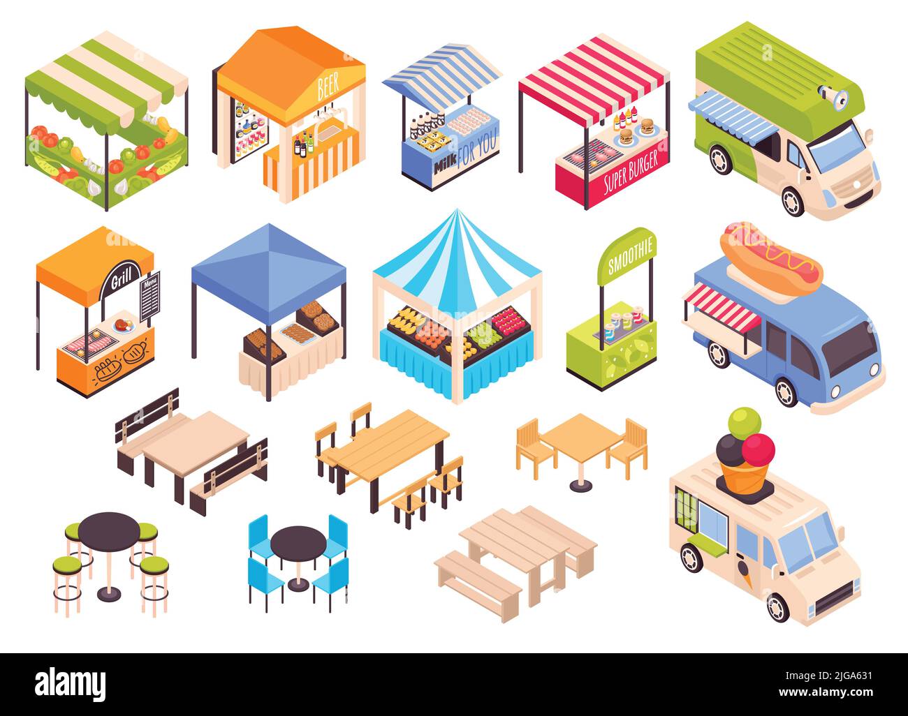 Isometric food courts fair marketplace set with isolated images of ...