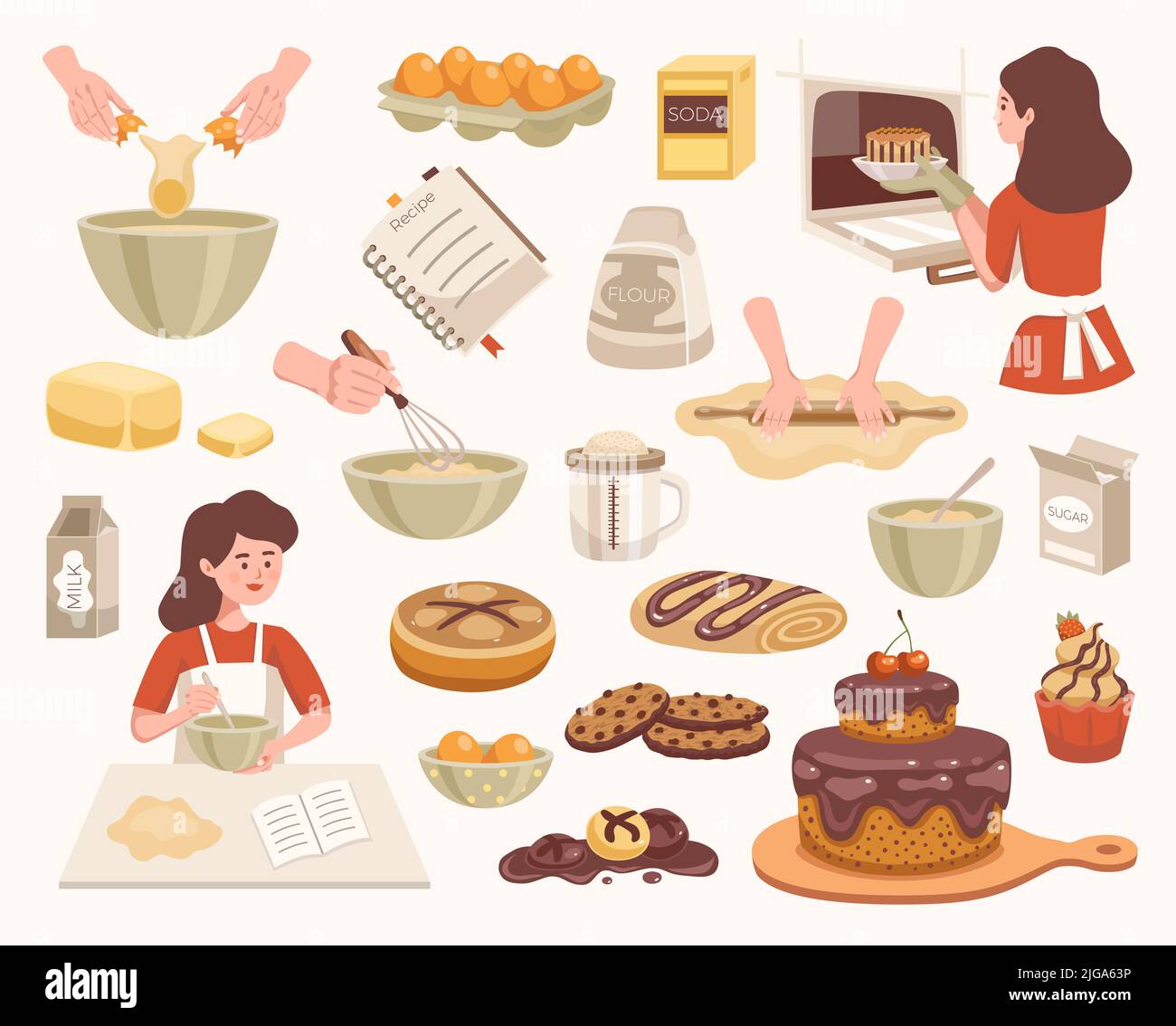 Homemade cooking flat color set of dough sugar soda butter eggs milk ...