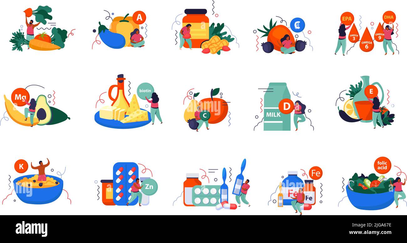 Vitamins in products flat color set of different healthy food rich of ...