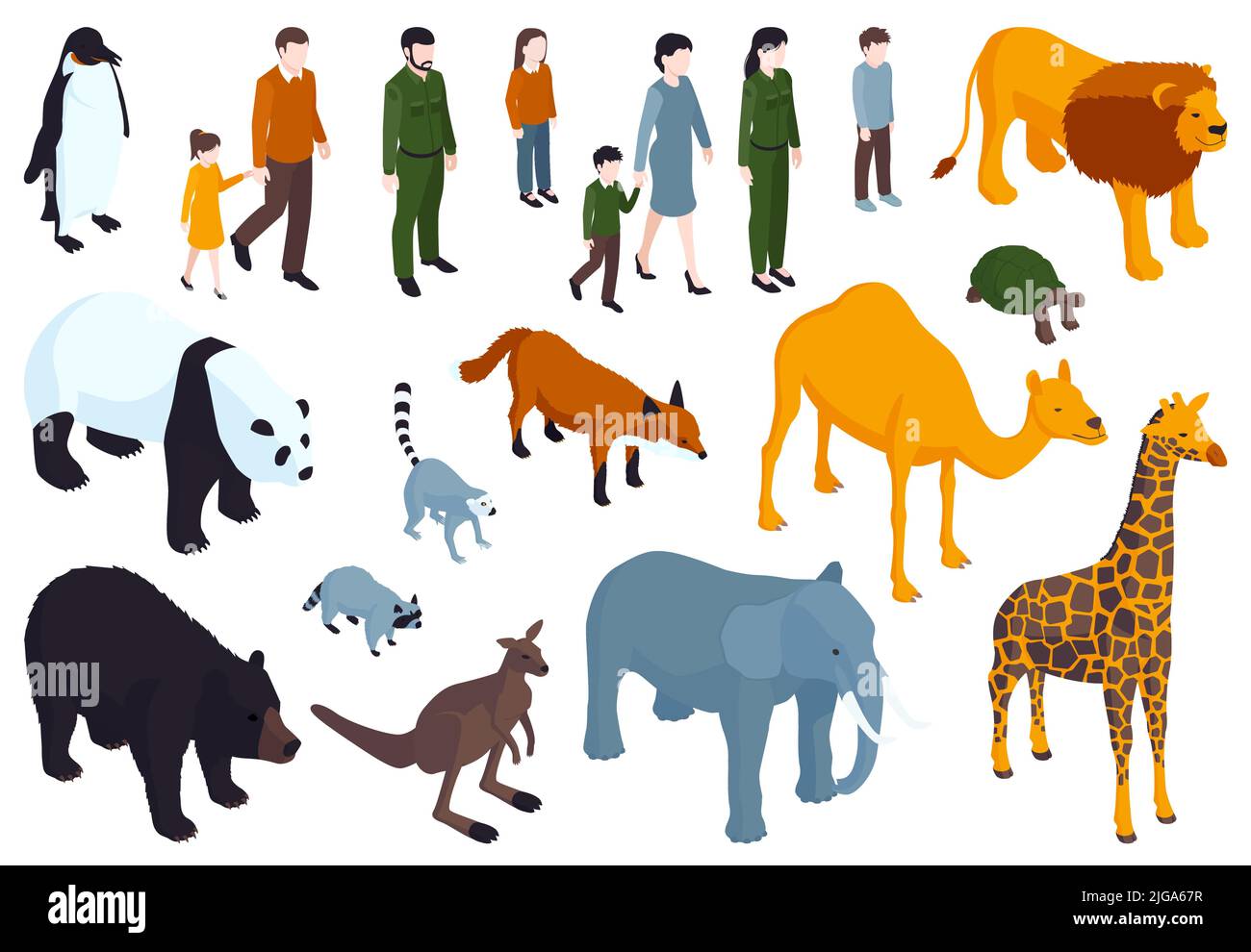 Isometric zoo color set with isolated human characters of visitors and ...
