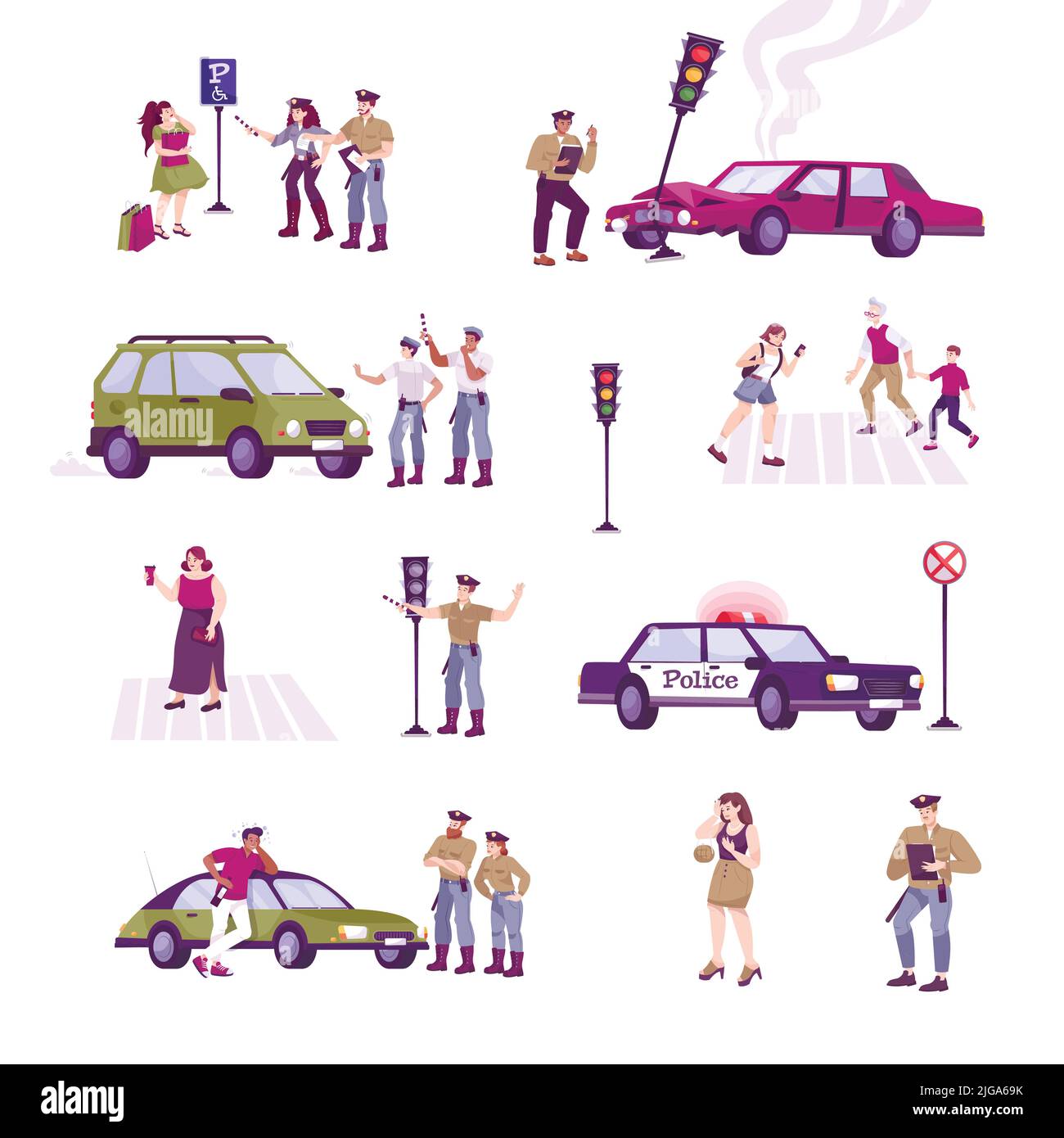 Traffic police icons set with traffic regulation symbols flat isolated ...
