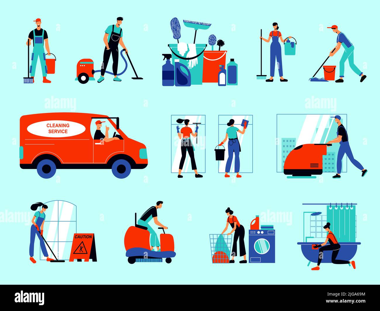 Cleaning service color icons set with staff doing removal of waste and ...