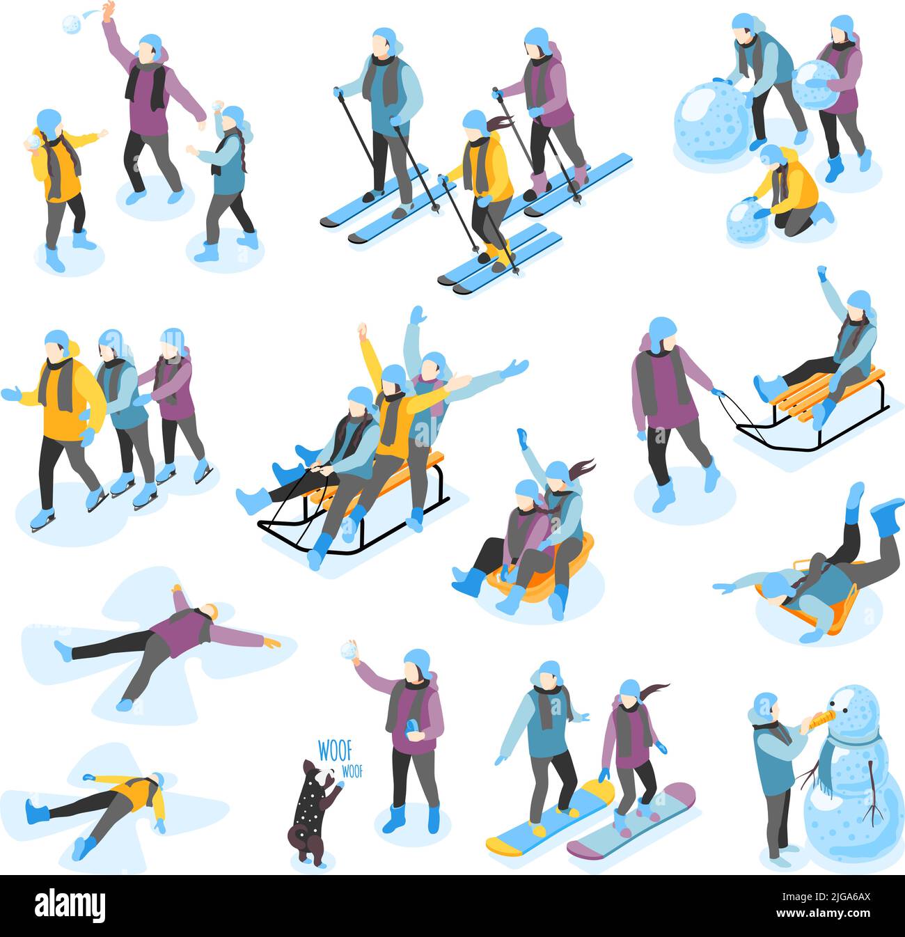 Winter fun isometric icons set with sleighing skiing snowboarding ...