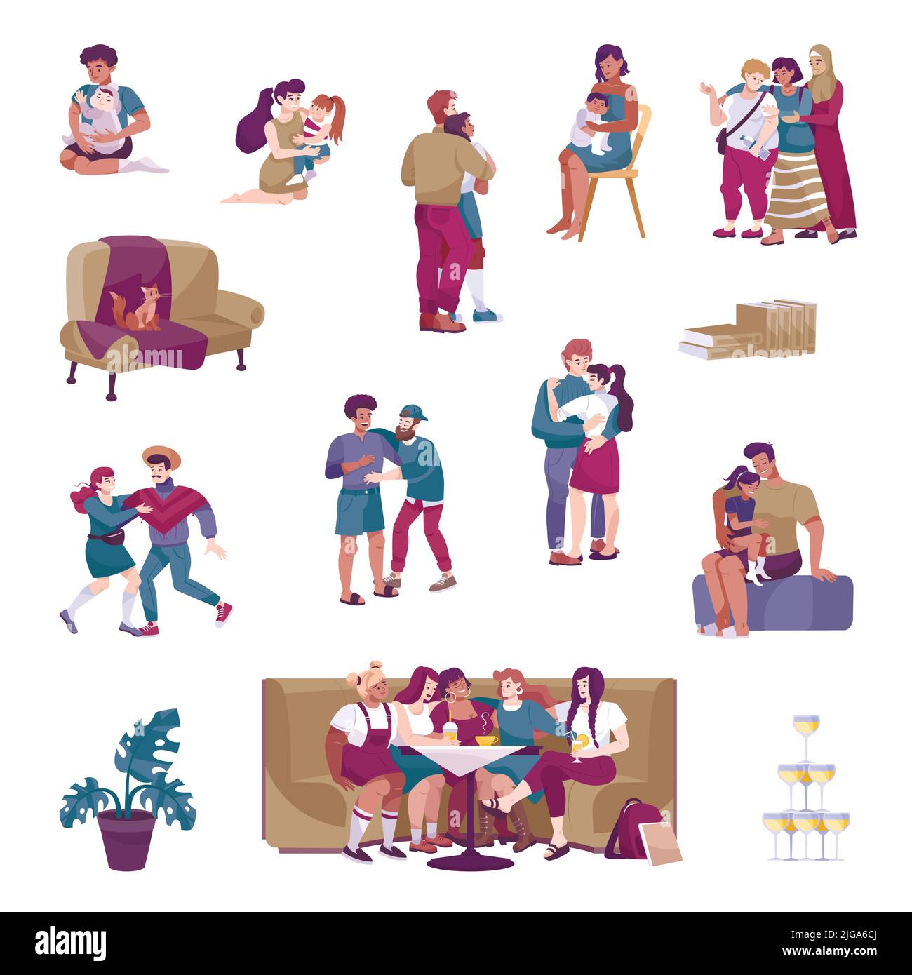 Hug colored isolated and flat icon set with couples groups and family ...