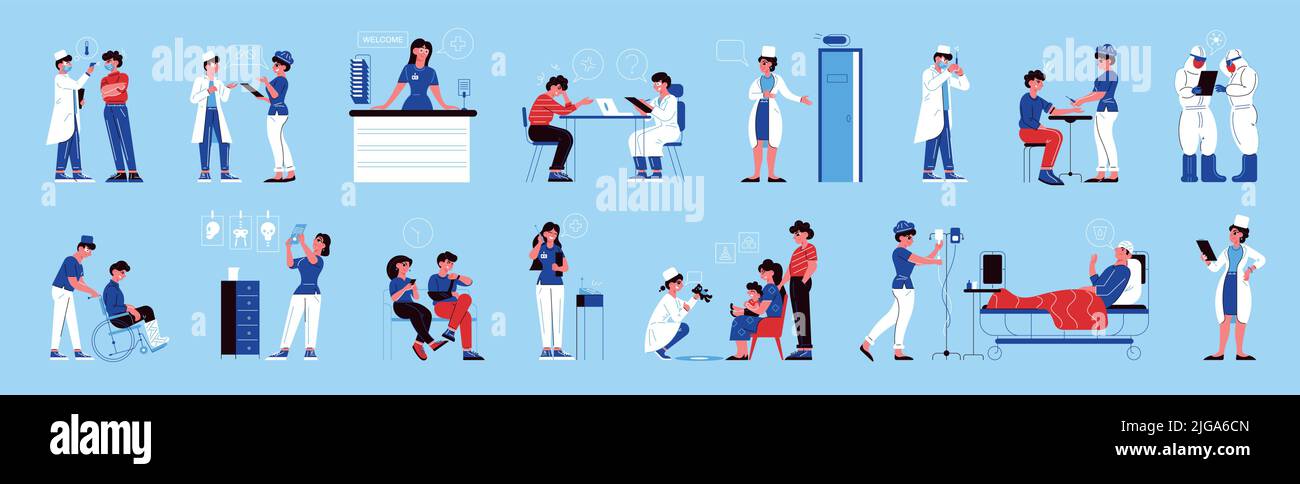 Hospital medicine color set of isolated human characters and icons of ...