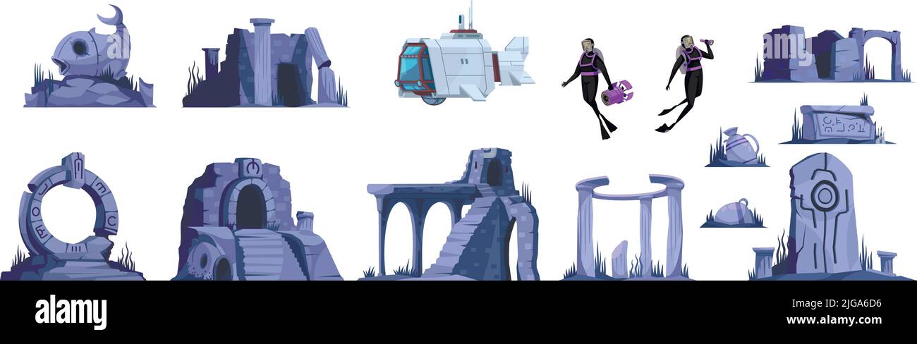 Lost atlantis cartoon icons set of ruins of ancient city isolated on ...