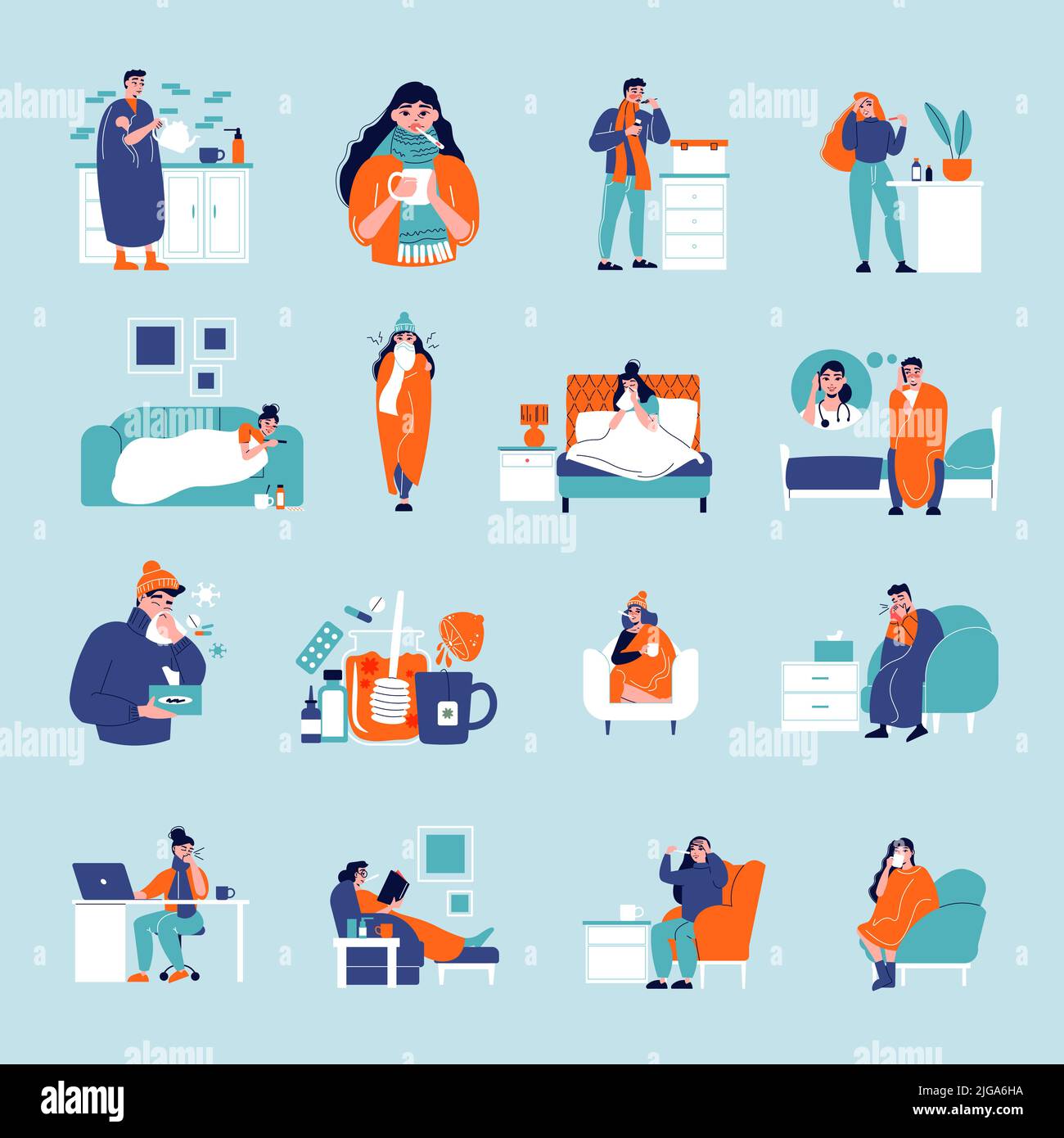 Set of isolated flu icons with medical products images warm clothes hot ...