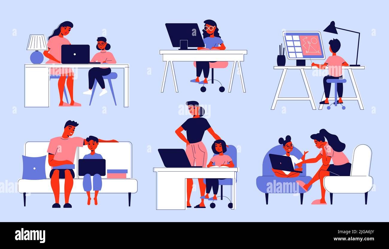 Set of isolated distance learning children pupils compositions with ...