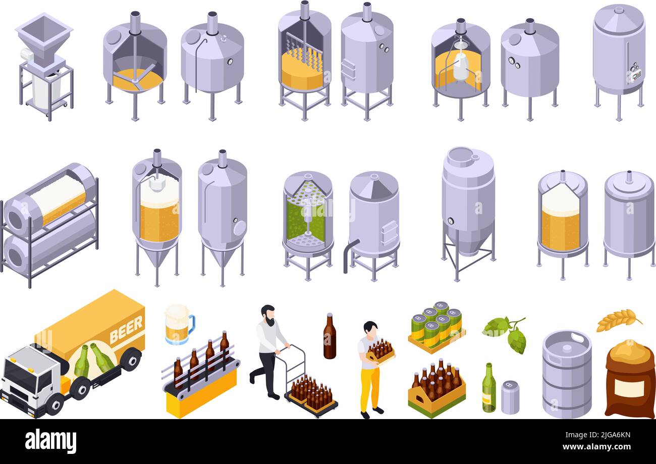 Brewery beer production isometric set of isolated icons with people ...