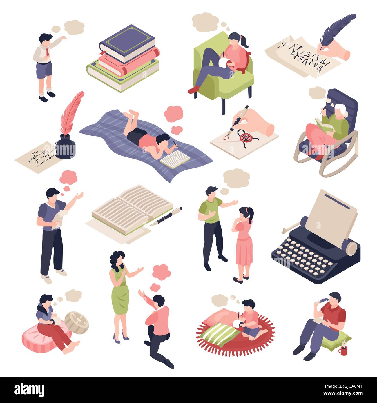 Poetry isometric icons set with romantic literature and reading symbols ...