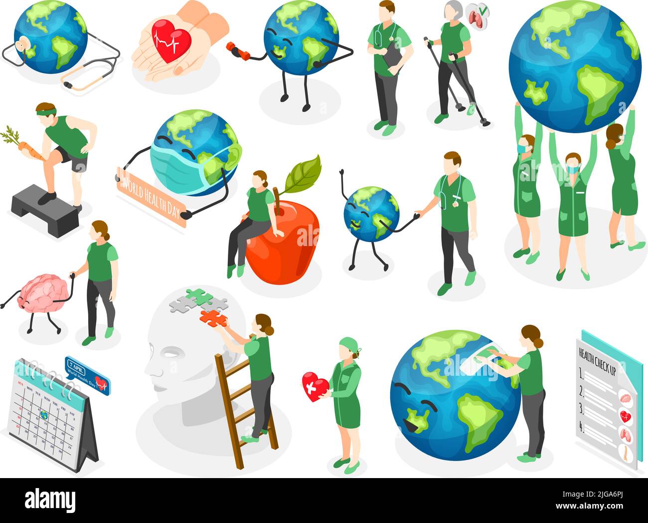 Isometric world health day icons with people doing sport doctors caring ...