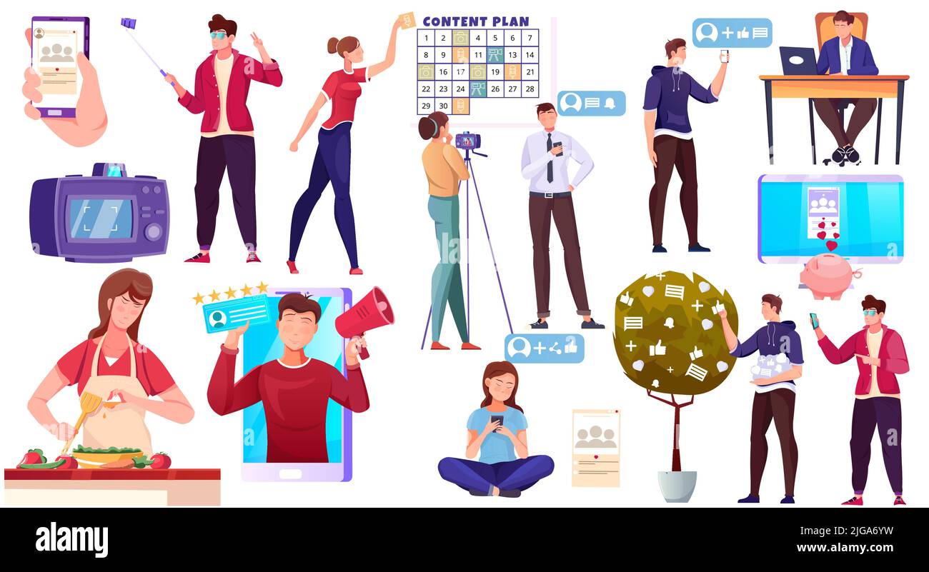 Blogger characters set of people creating video for blog or vlog review isolated vector ...