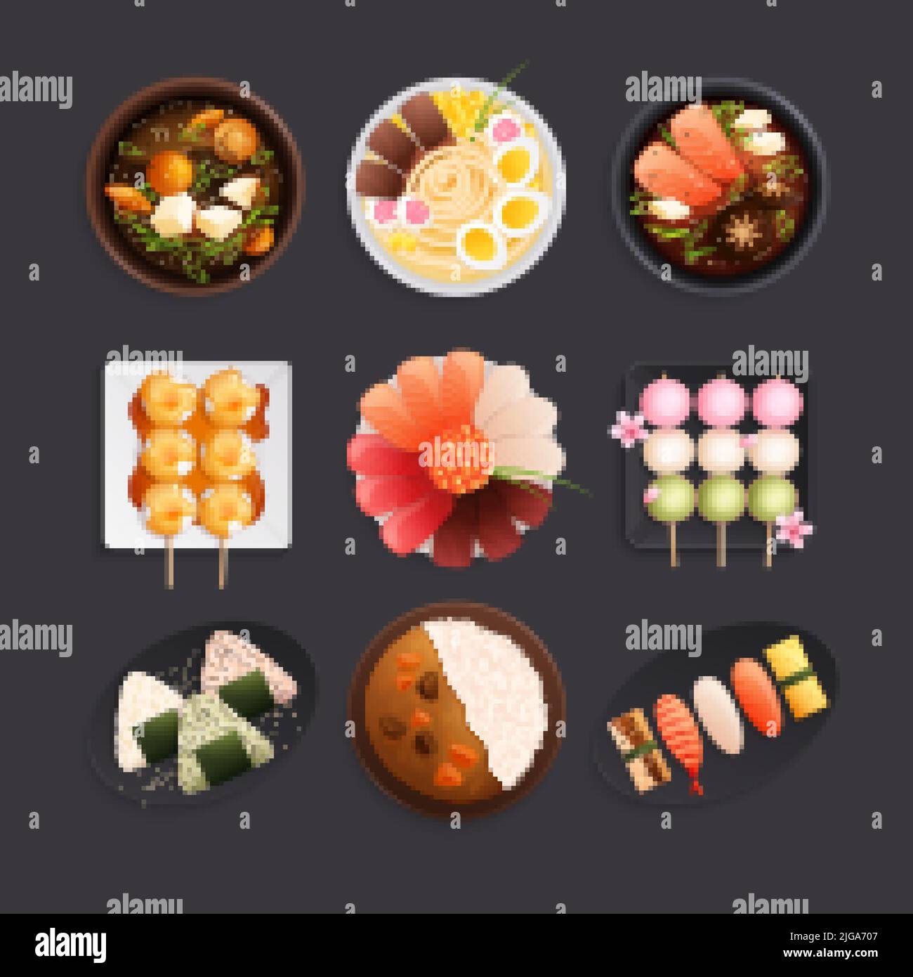 Traditional japanese food cuisine flat composition with isolated images ...