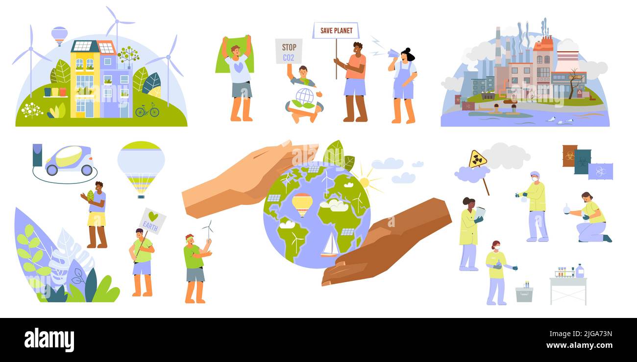 Environmental protection set of isolated compositions with flat icons ...