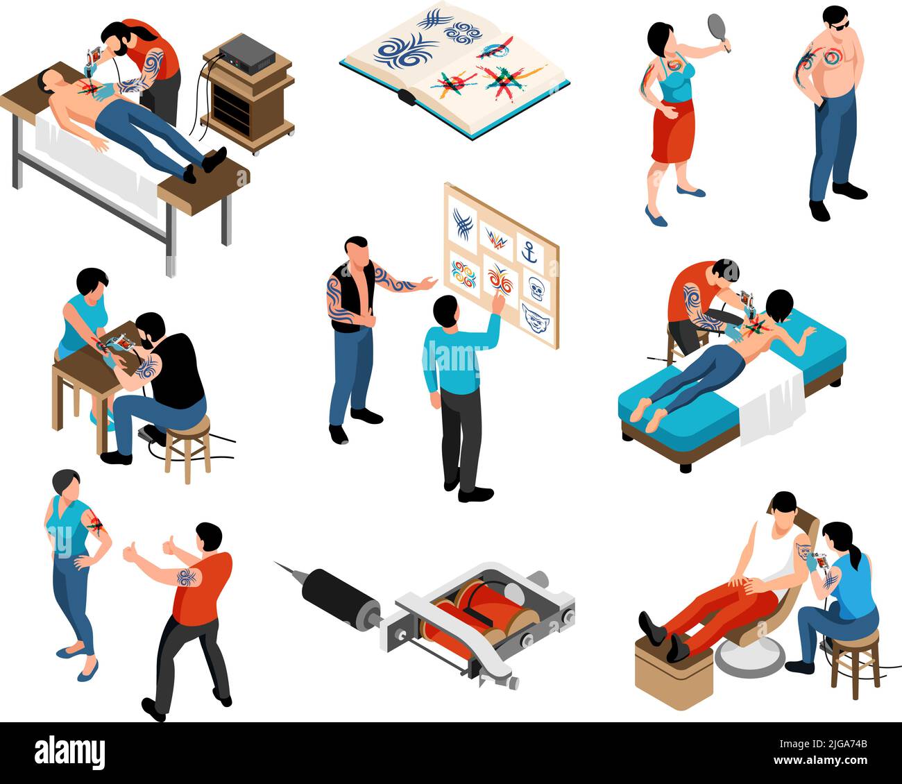 Tattoo isometric color set of masters and customers in tattoo studio ...