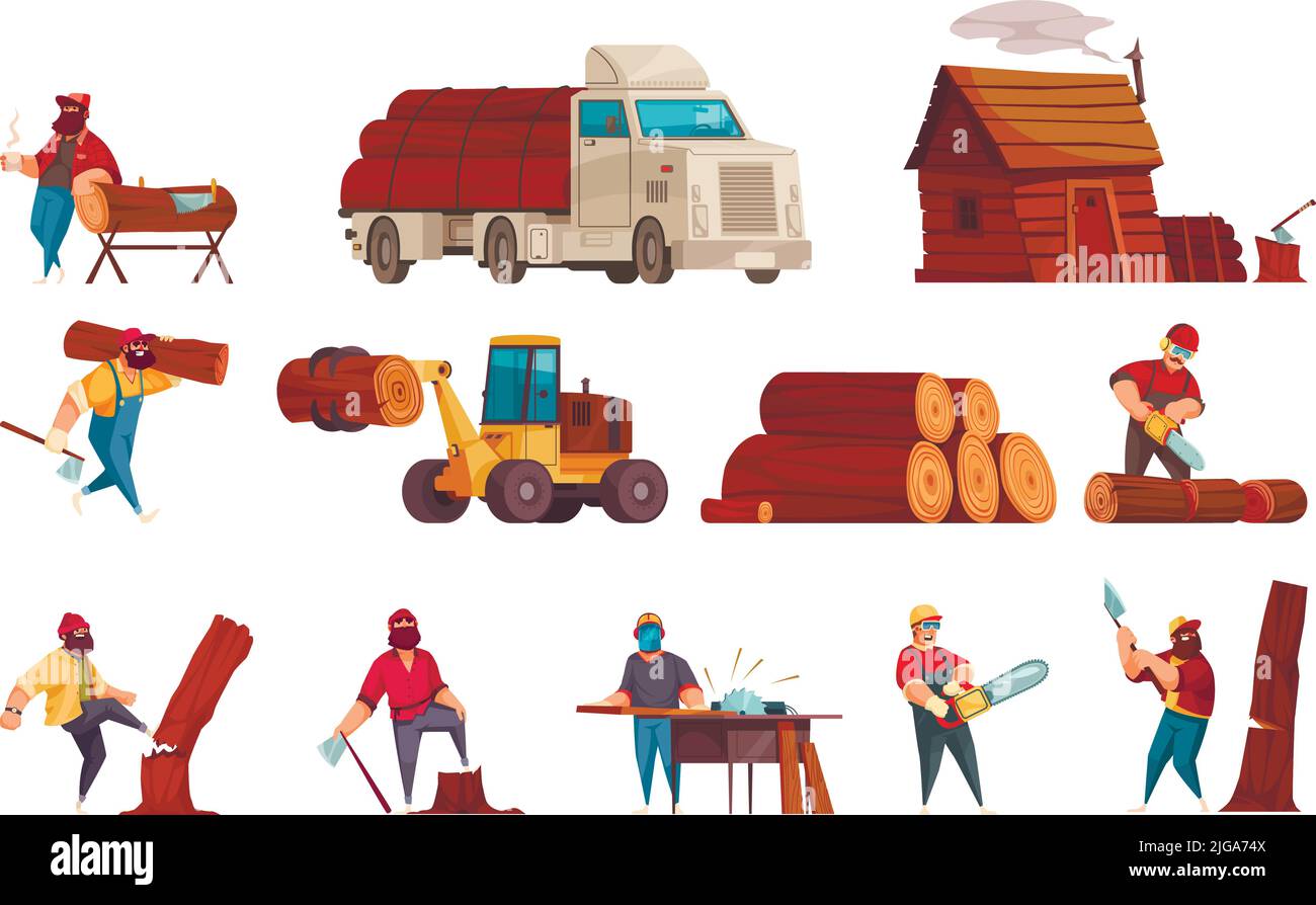 Lumberjack work equipment machinery cartoon set with loggers sawing ...