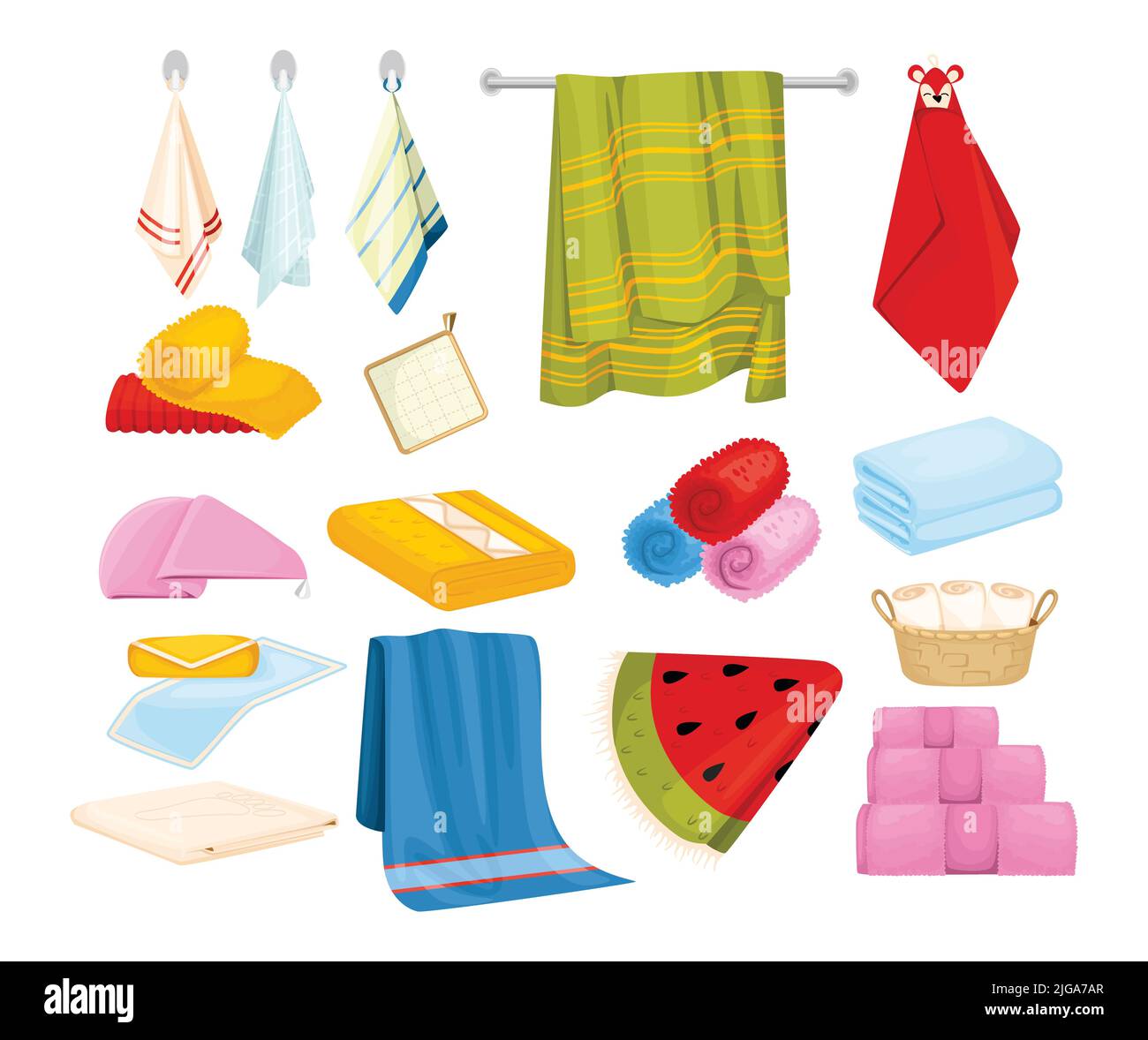 Bath kitchen towel set of isolated pot holder icons stacked towels ...