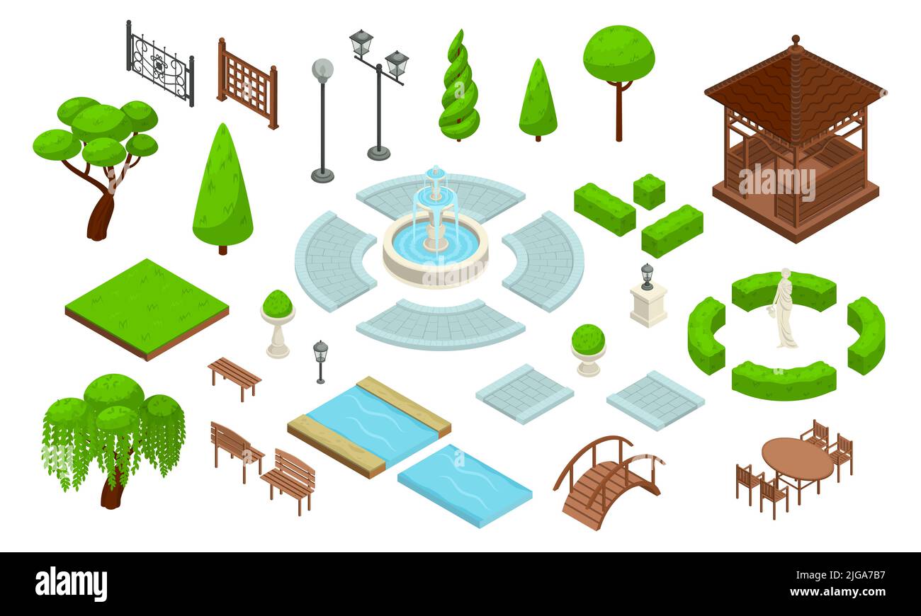 Landscape design park isometric constructor icon set with different types of green plantings of ...