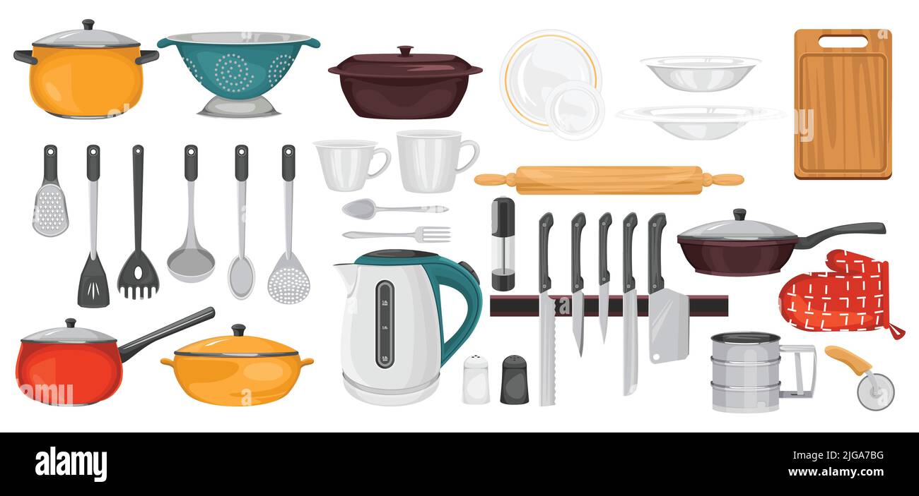 Kitchen utensil kitchenware set with icons of cups knives and frying ...