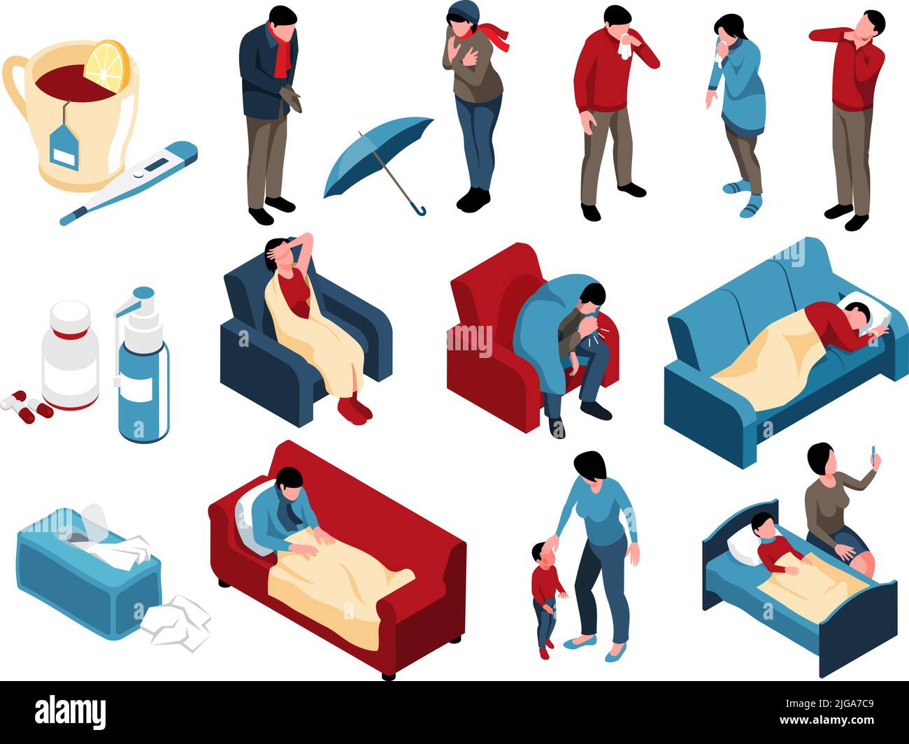 Isometric cold sick influenza infection flu treatment set of isolated ...