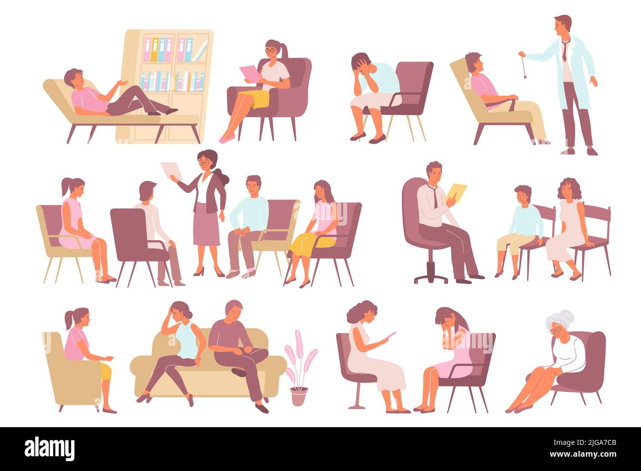 Psychology flat set with men and women have individual and group ...