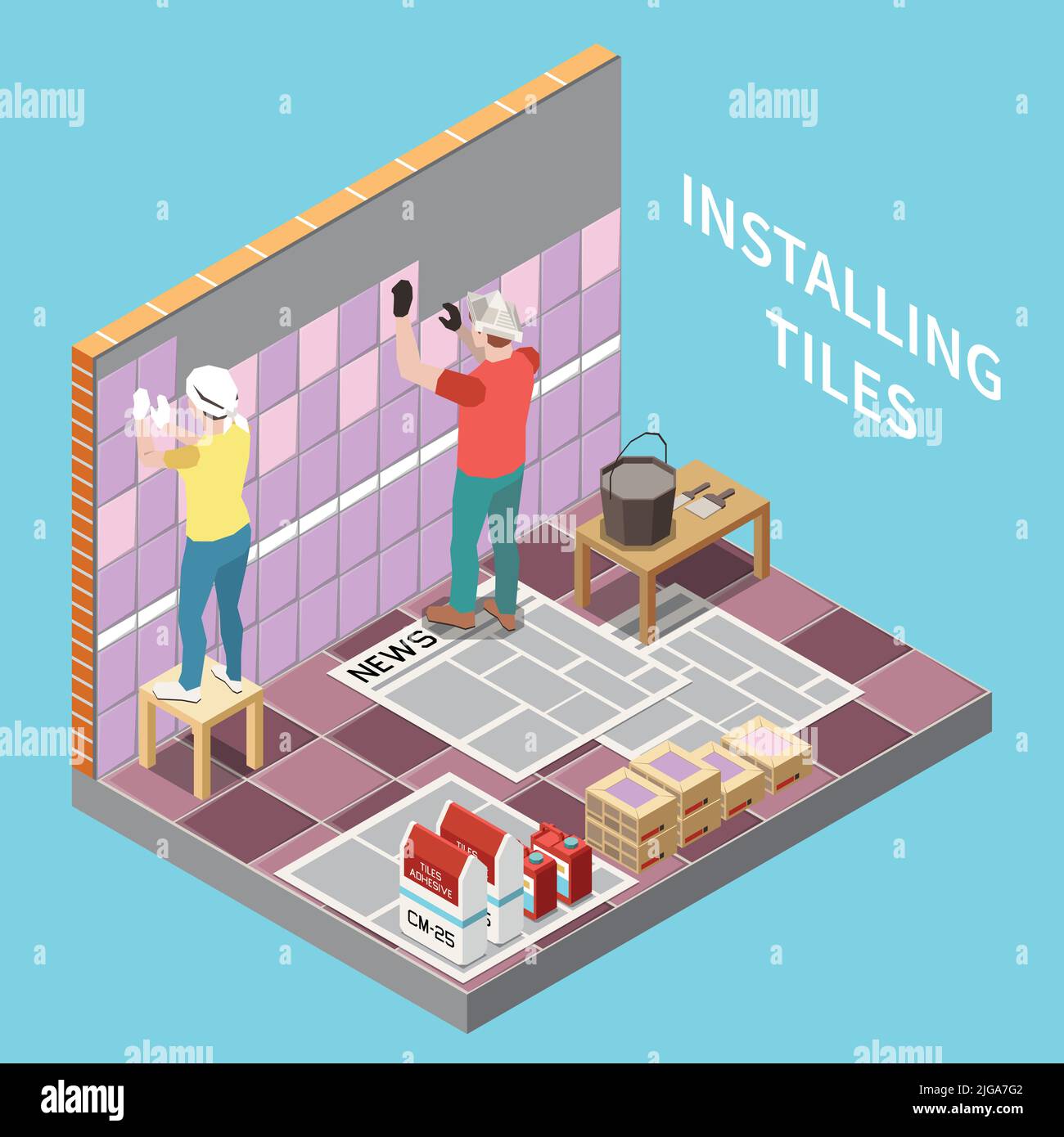 Ceramic tile installing background with two artisans glueing tiles to ...