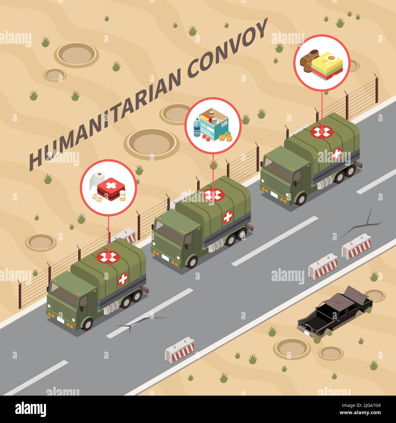 Humanitarian aid isometric background with officers providing ...