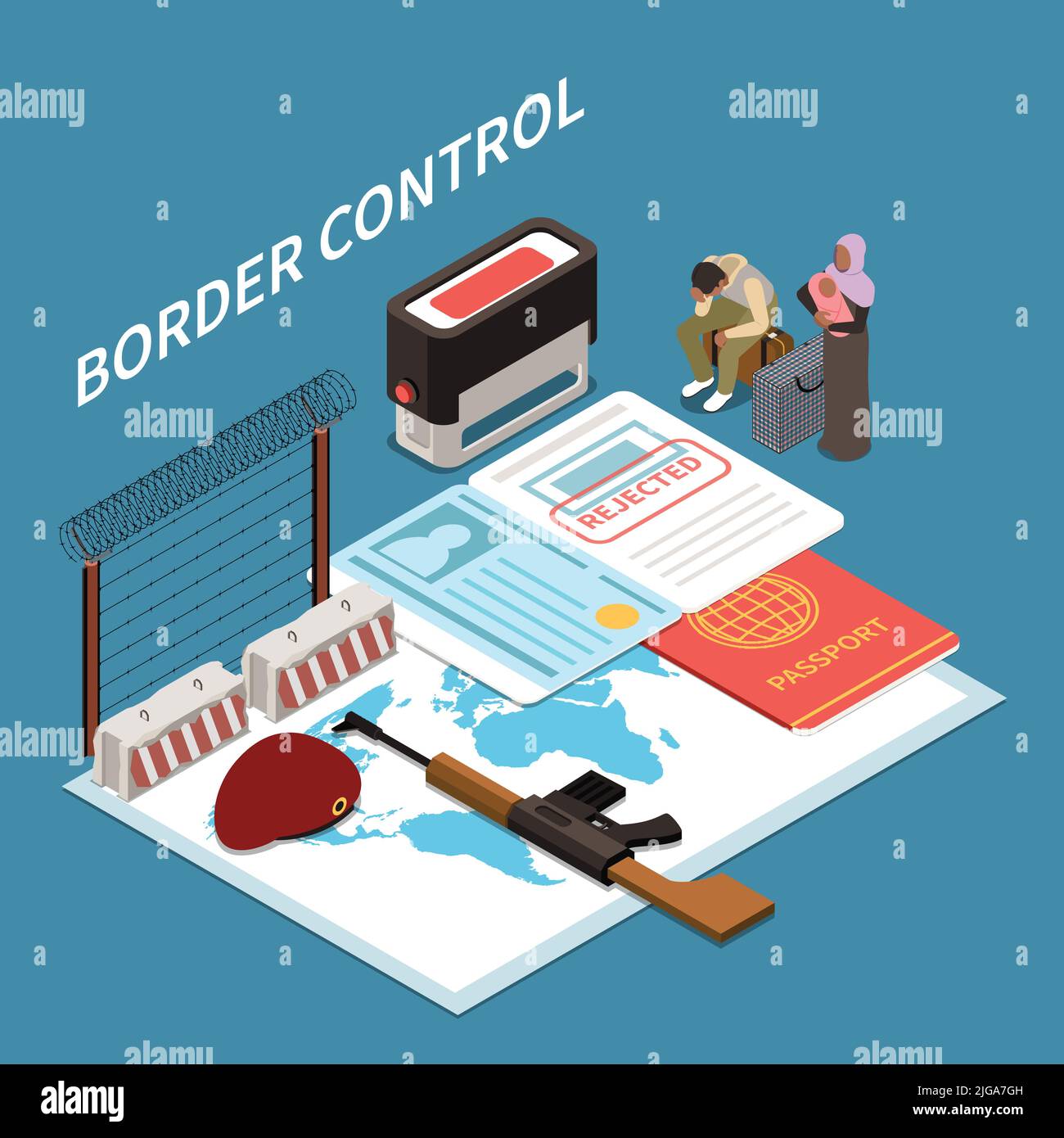 Border control isometric background with passport guards rifle and lose ... Border control isometric background with passport guards rifle and lose ...