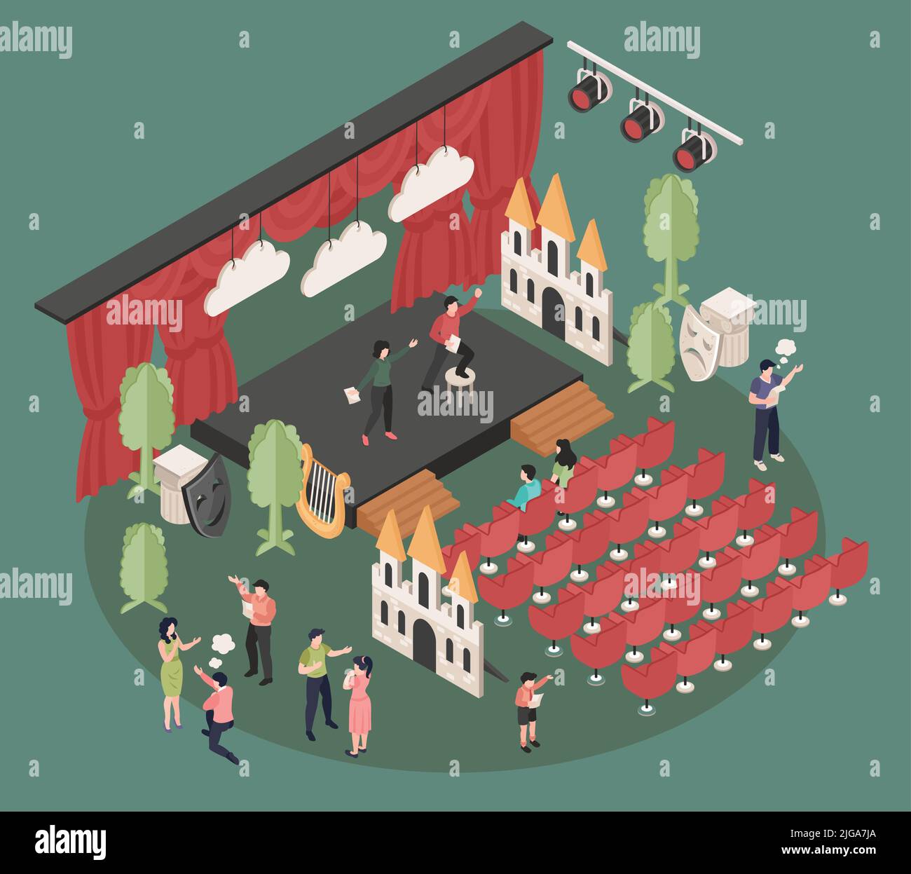 Theatre acting isometric composition with people rehearsing play on ...