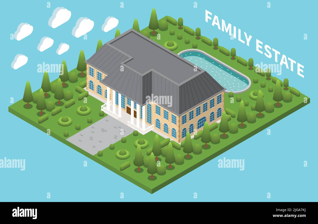 Family estate isometric composition with large two stored house pool ...