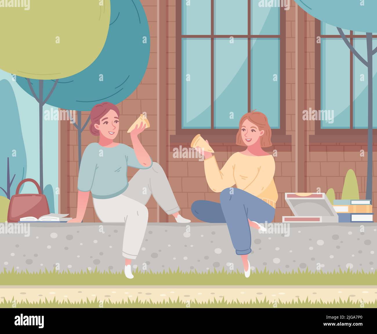 Students taking outdoor break between classes eating pizza chatting ...