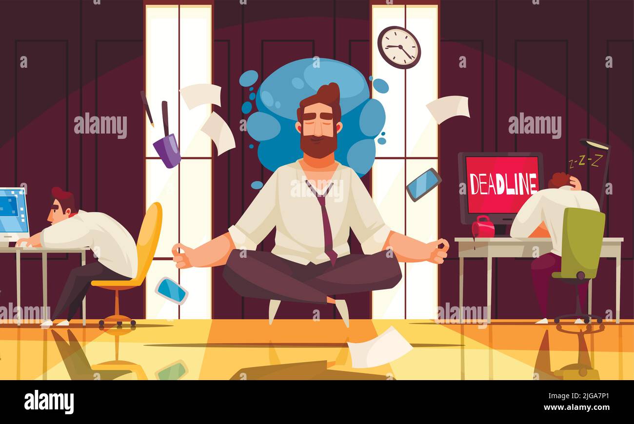 Meditation mindfulness reducing workplace deadline stress cartoon ...