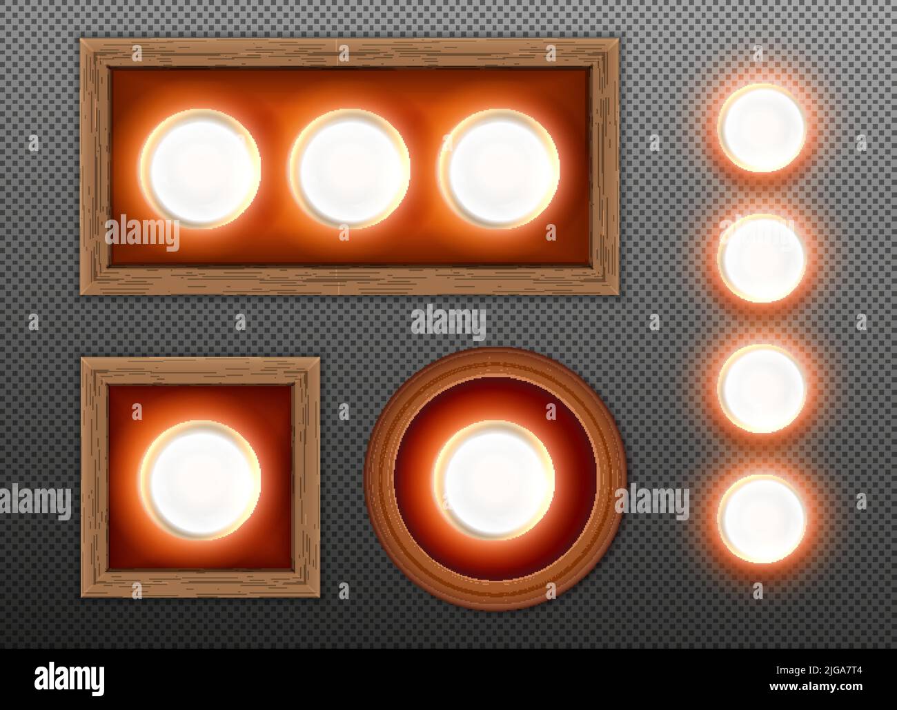 Realistic set of light bulbs in wooden rectangular square and round ...