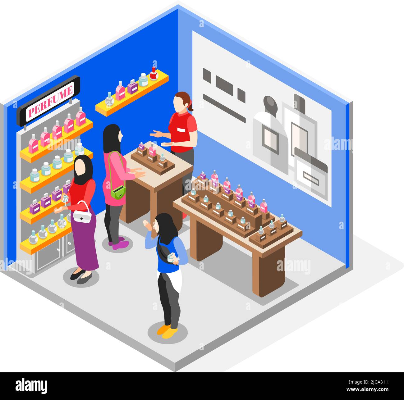Perfume shop concept with buyer and assistant symbols isometric vector ...