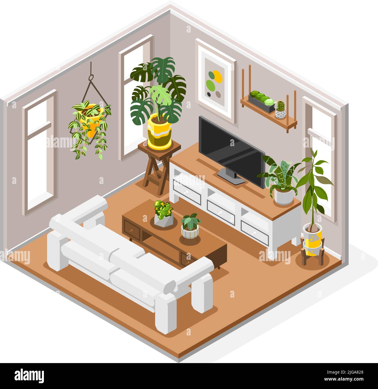Plants composition with houseplants and interior decoration symbols ...