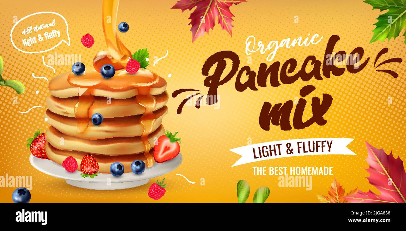 Realistic horizontal poster with delicious homemade pancakes with maple ...